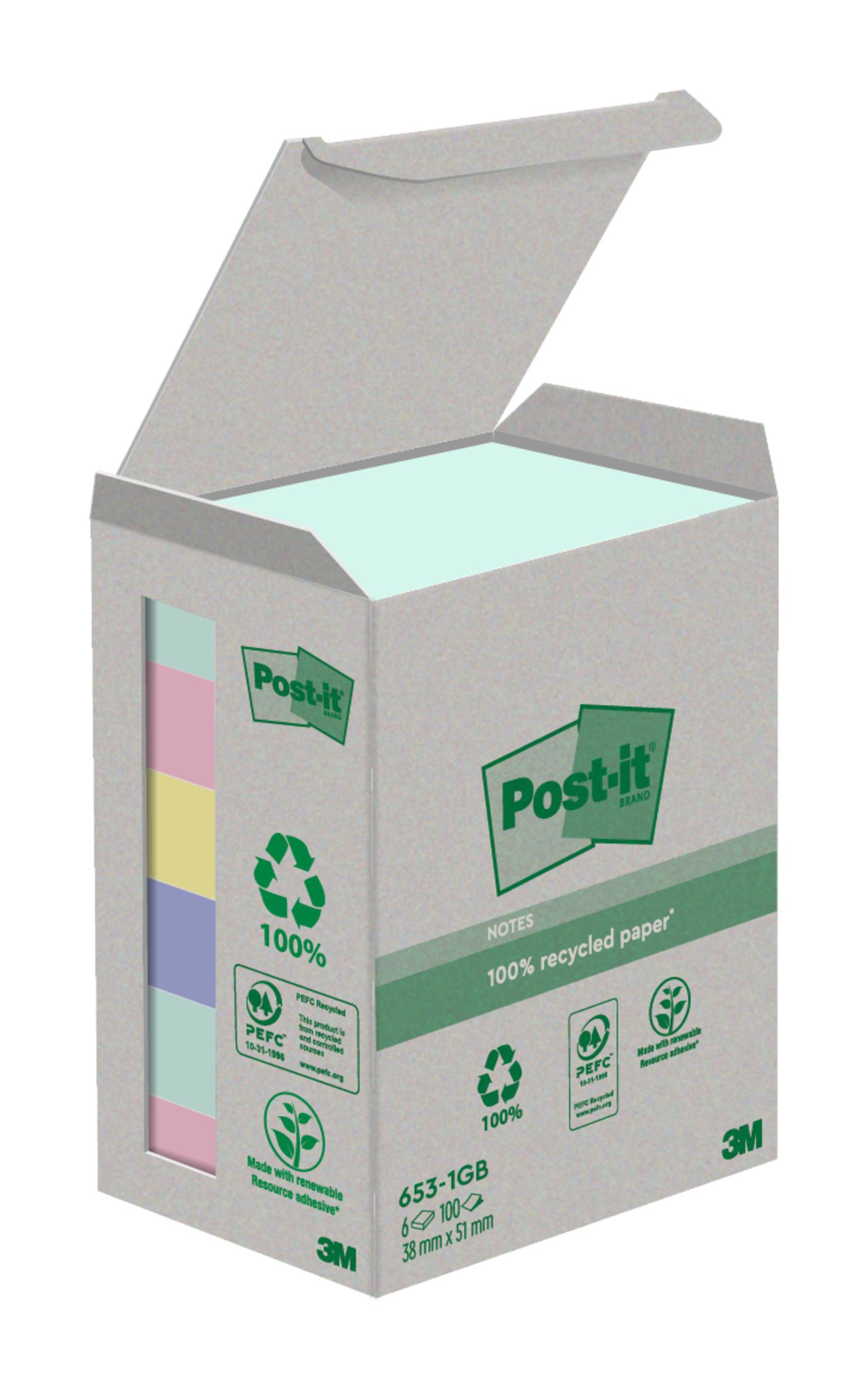 Post it Recycled Notes Assorted Colours 38x51mm 100 Sheets (Pack 6 ...