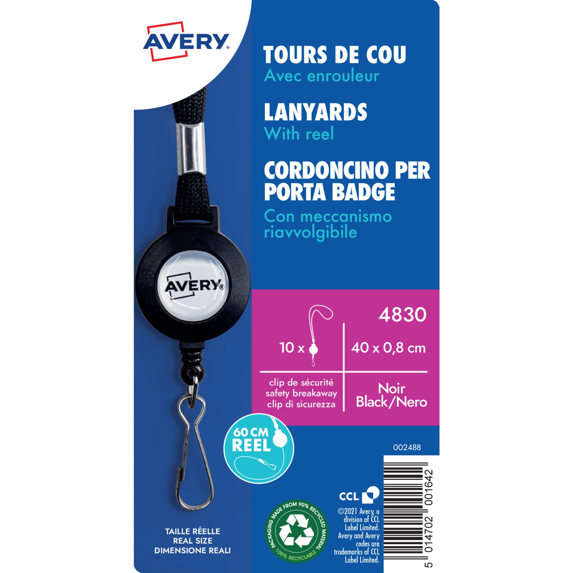 Avery Lanyard Black 40 x 1cm with 60cm Reel (Pack 10) - MPN 4830