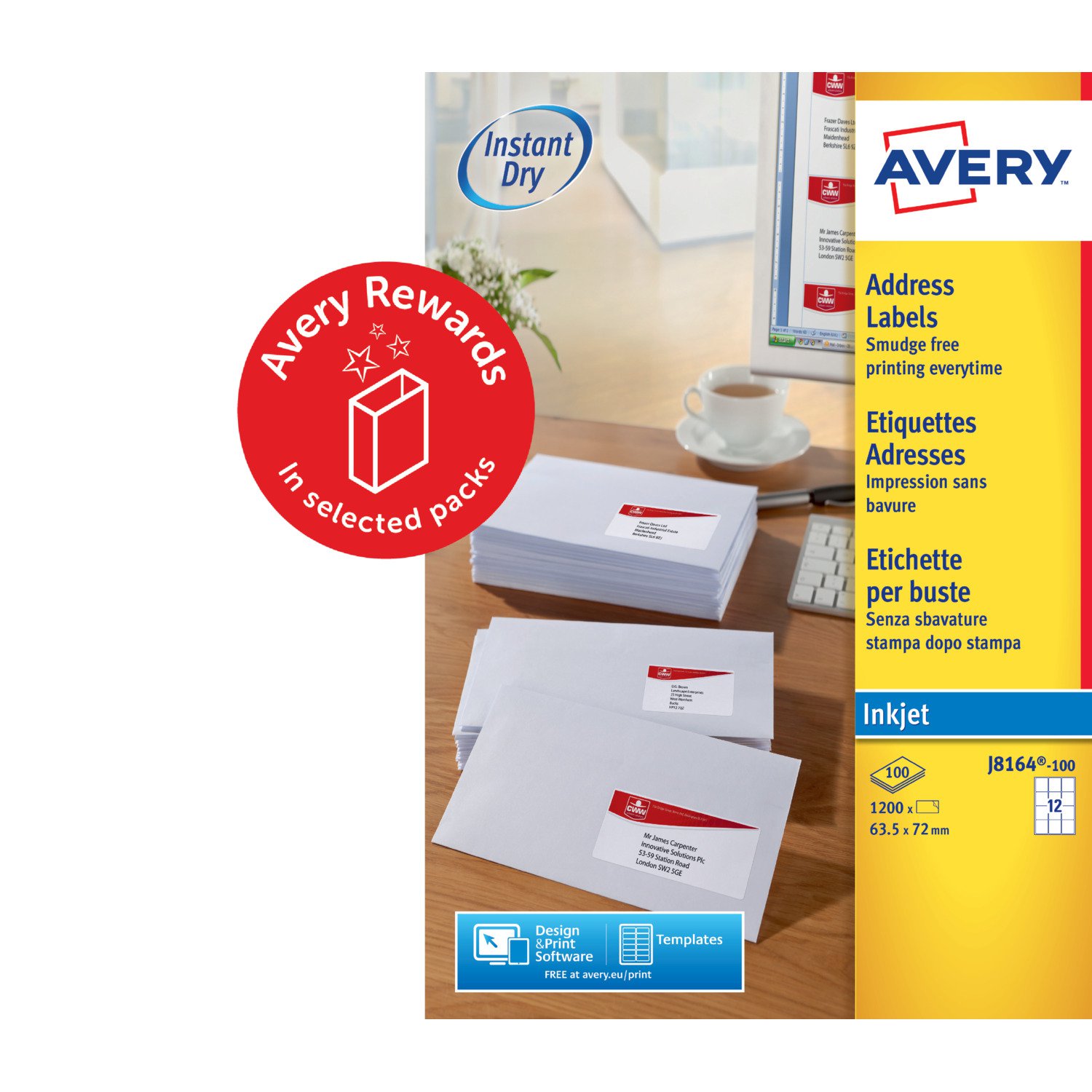 Avery J8164-100 Inkjet Address Labels 63.5x72mm