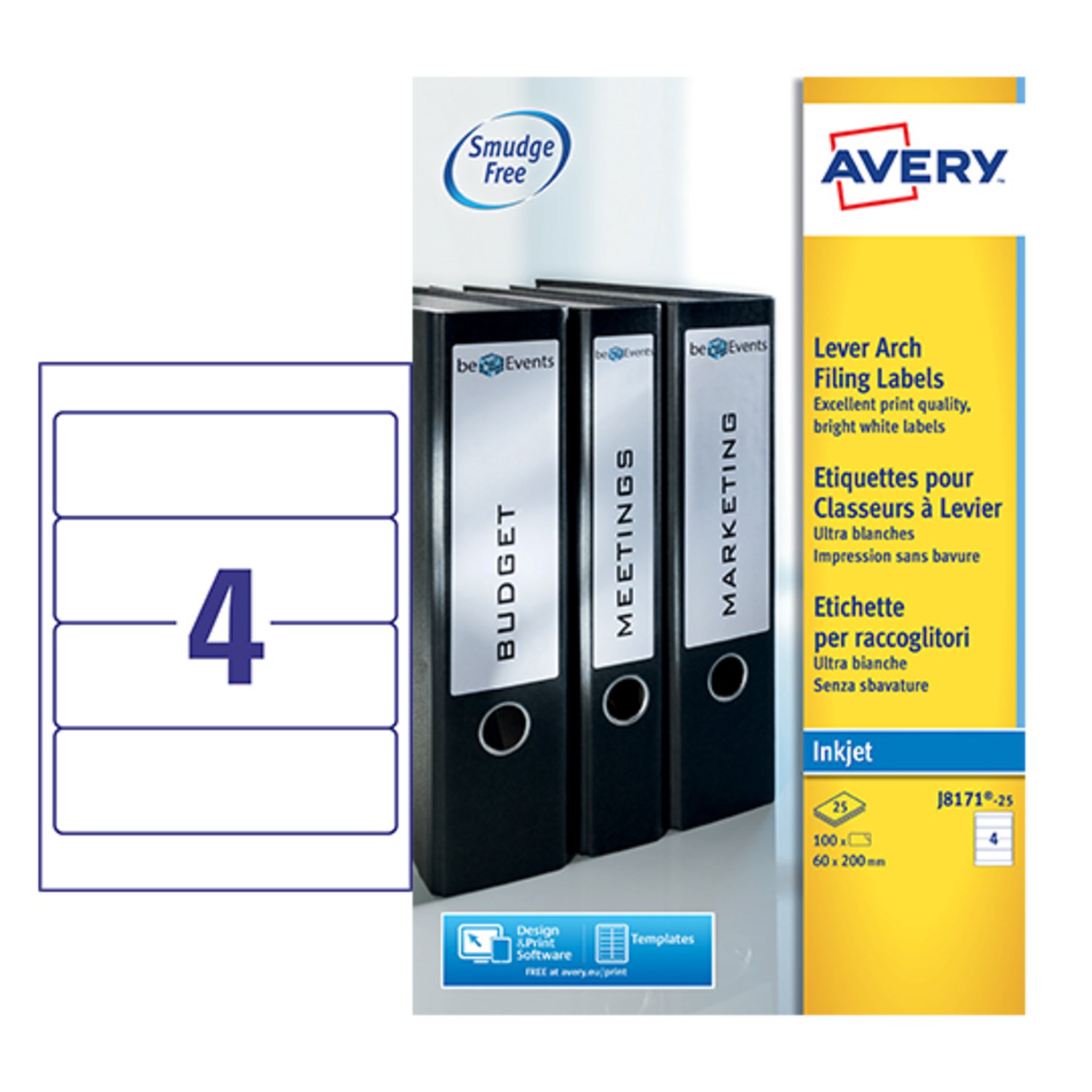 Avery Inkjet Filing Label Lever Arch File 200x60mm J8171-25 (Pack of 100)