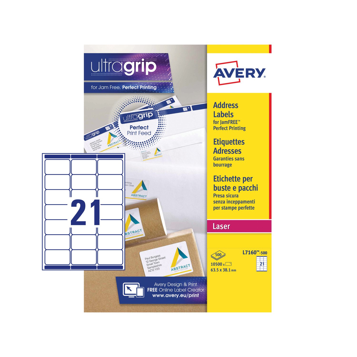 Avery Laser Address Labels 63.5x38.1mm 21 Per A4 L7160-500 - Pack 10500