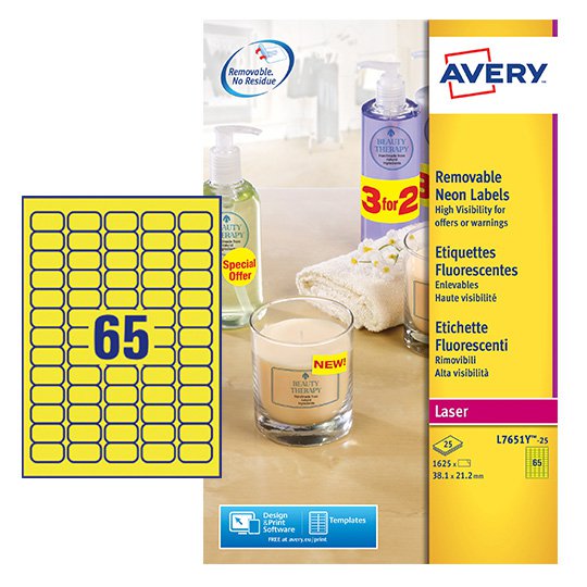 Avery Laser High Visibility Mini Removable Label L7651Y-25 - Neon ...