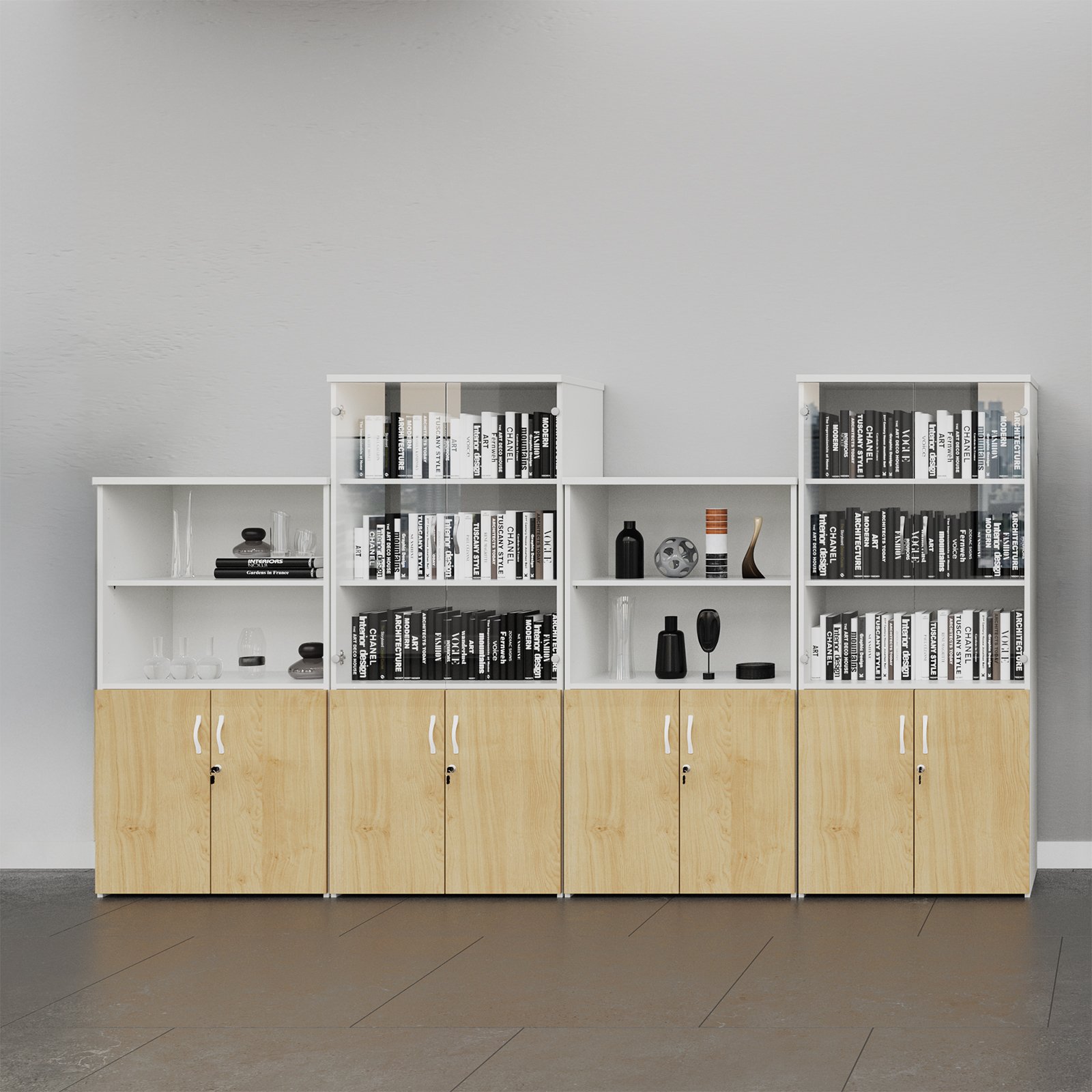 Universal combination unit with open top 2140mm high with 5 shelves - beech