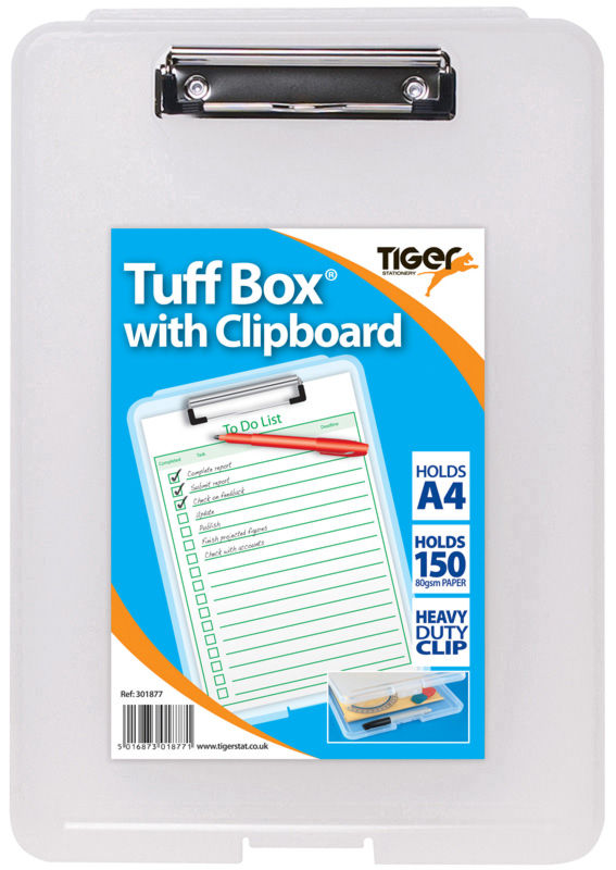Tiger Tuff Box with Clipboard A4 Clear - 301877 - Durable Storage Solution