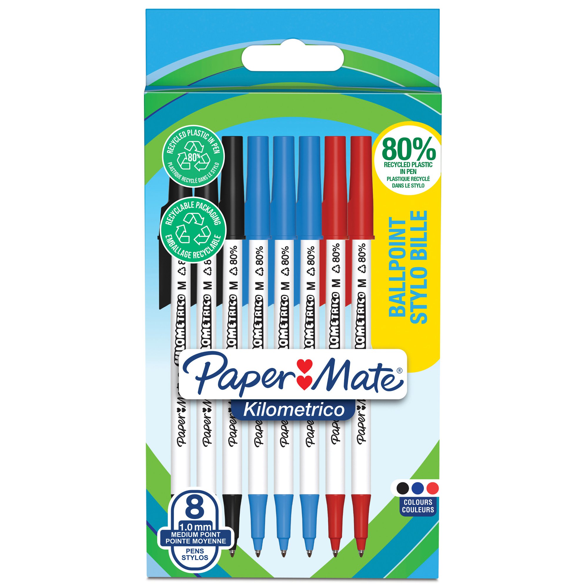 Paper Mate Kilometrico Ballpoint Pen Pack 8 - 2187680, Black Blue Red 1.0mm