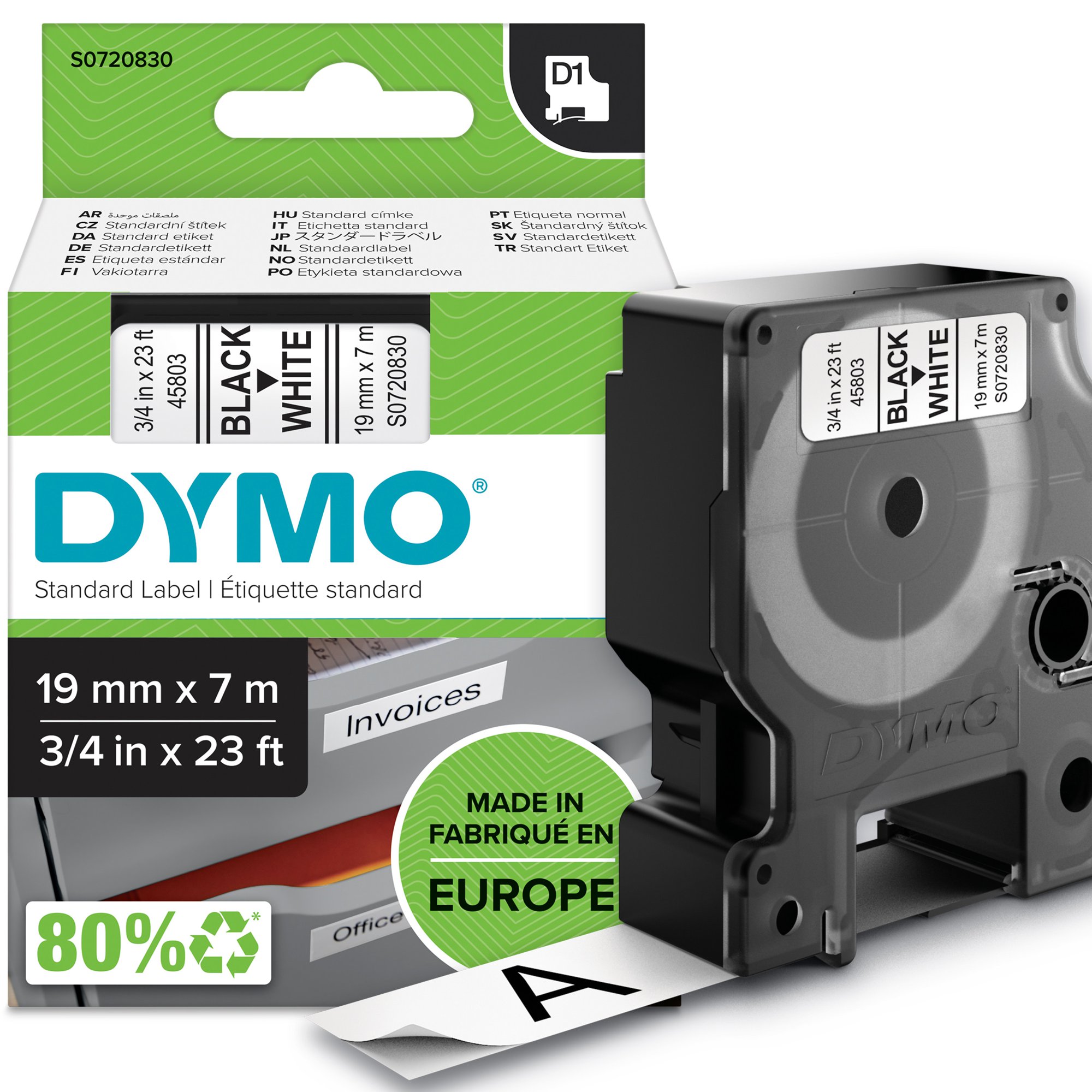 Dymo D1 Label Tape 19mmx7m Black on White S0720830 - Authentic Quality